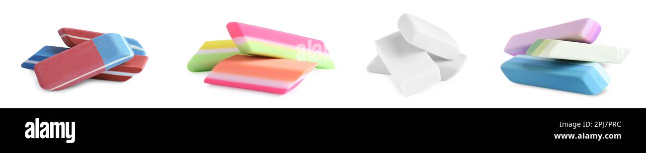 Collage of rubber erasers on white background. Banner design Stock ...
