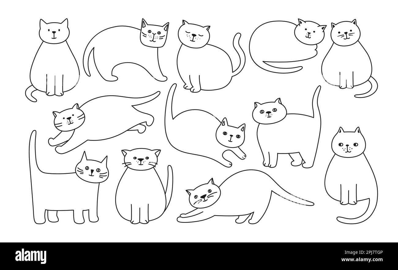 Cats cute simple linear set. Kitty purebred with different poses and ...