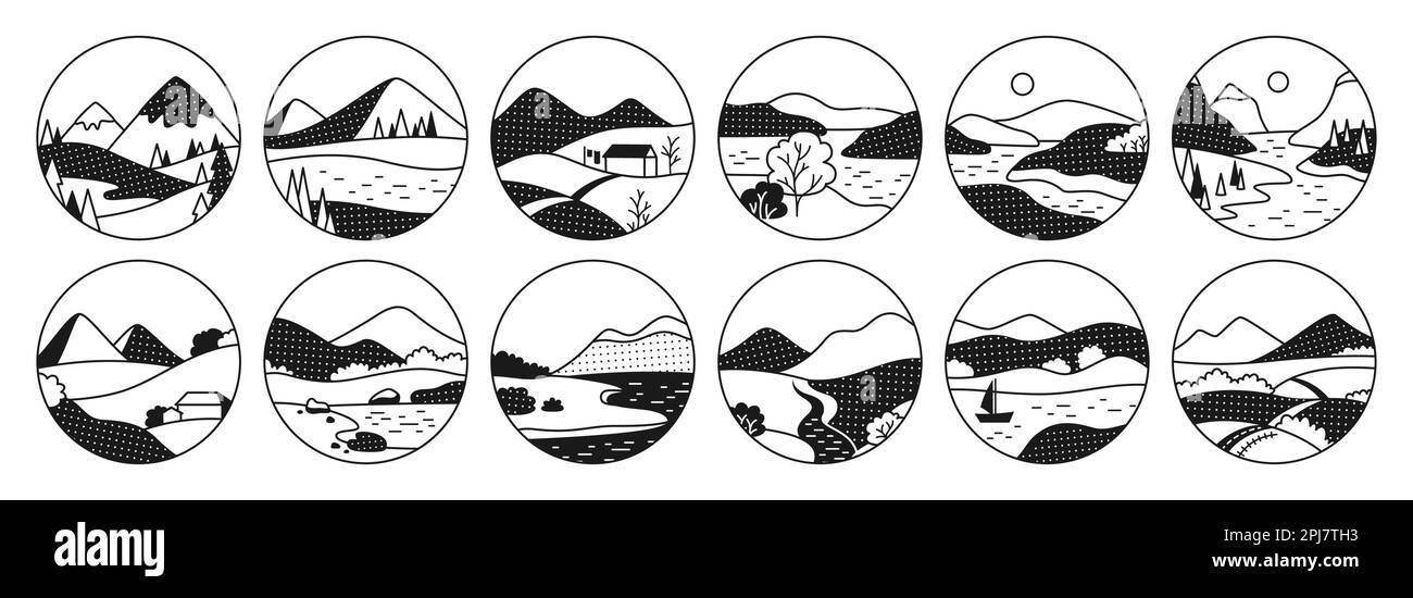 Nature field landscape scenery four seasons round set. Abstract glyph ...