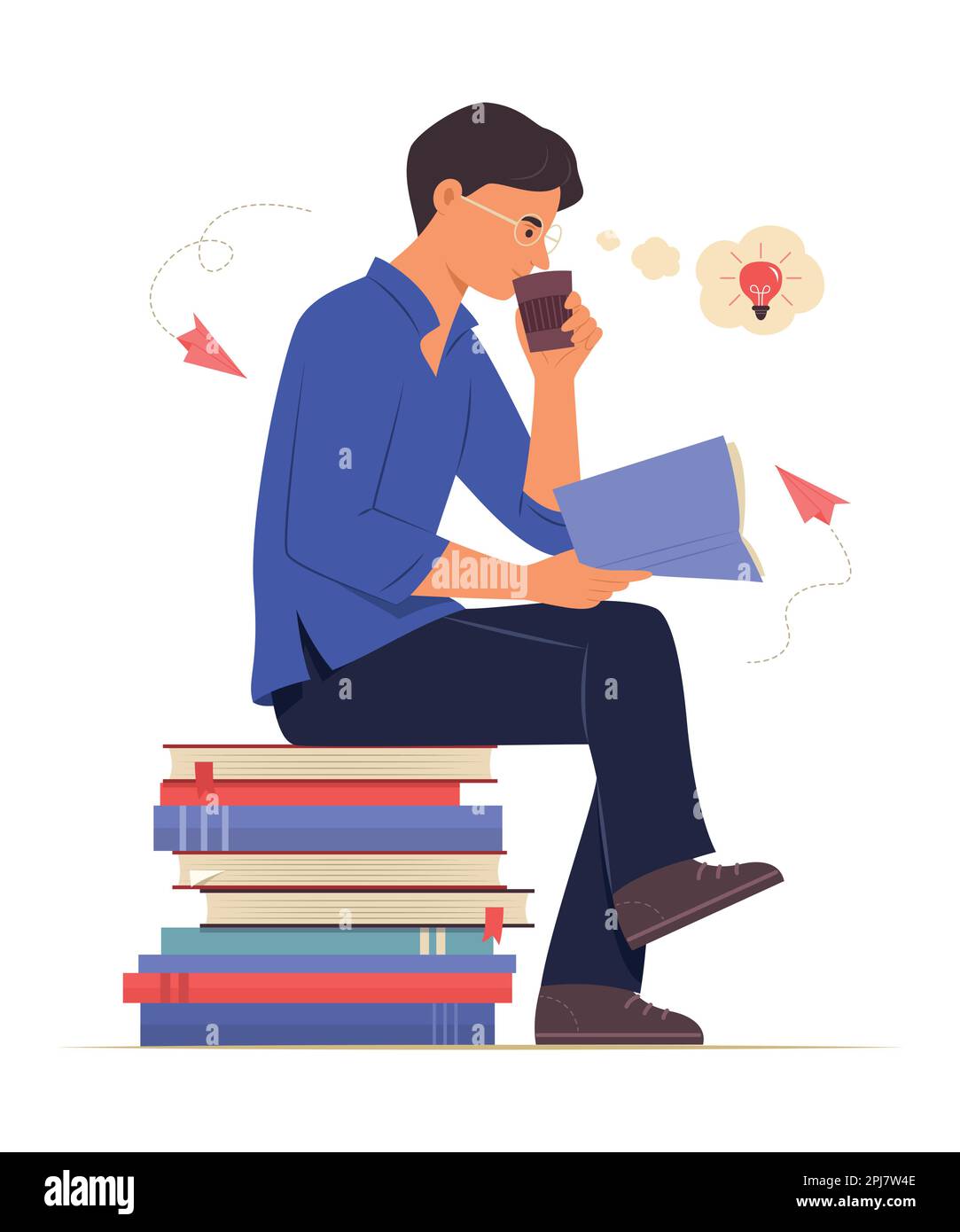 Man Reading a Book and Thinking Good Idea Concept Illustration Stock ...