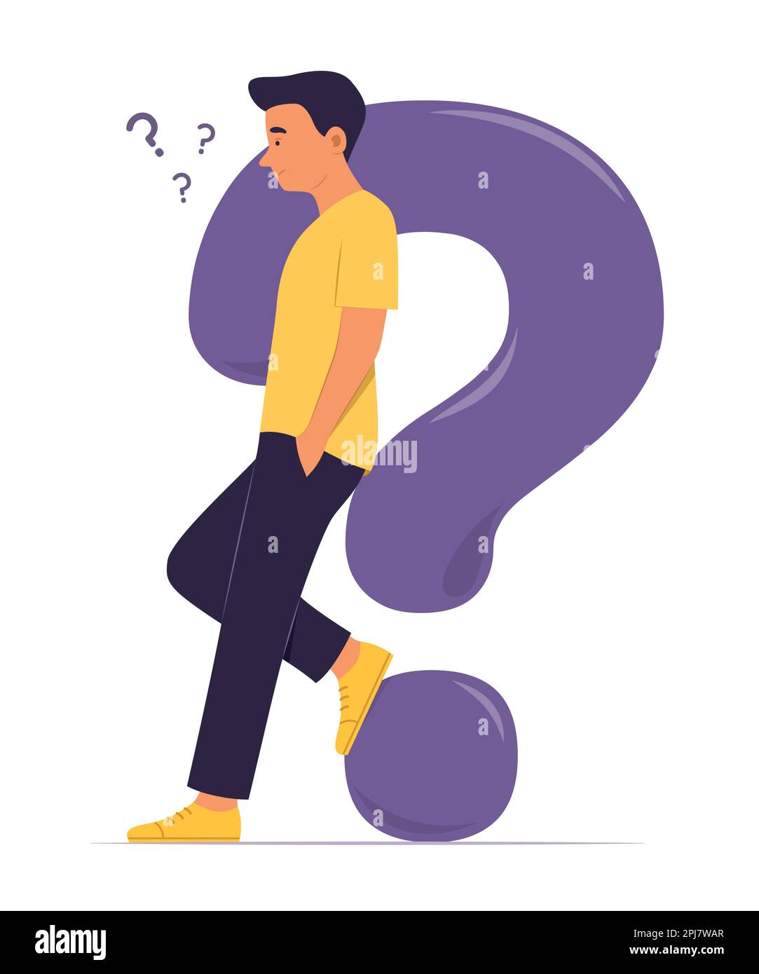 Man Leaning Against a Big Question Mark and Thinking a Question Concept ...