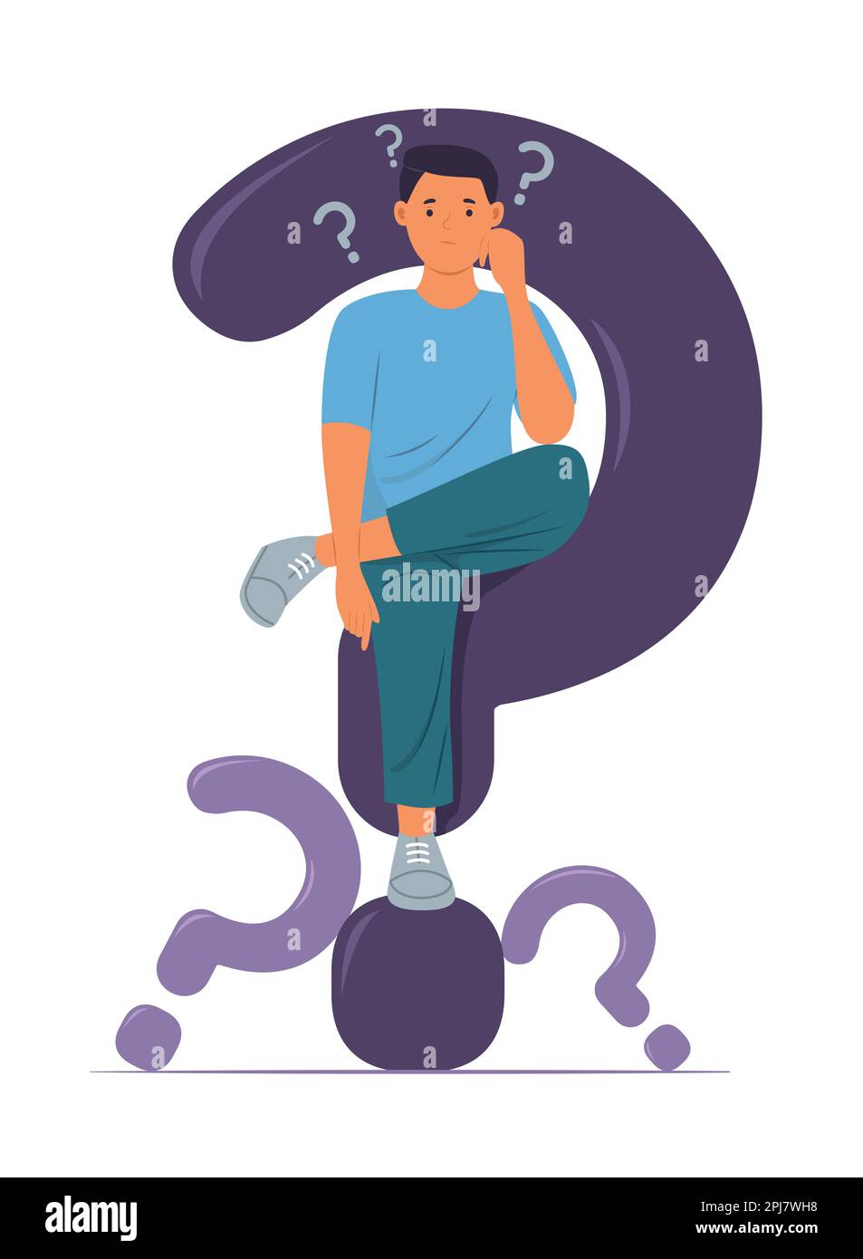Man Thinking and Sitting on Big Question Mark Symbol Concept ...