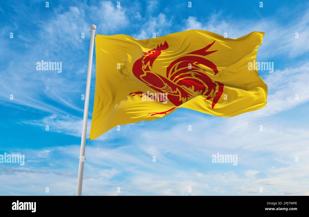 flag of Gallo-Romance peoples Walloons at cloudy sky background ...