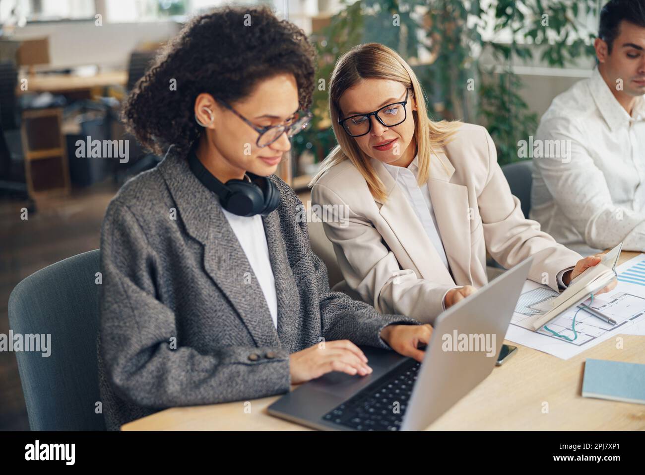 Group of colleagues working together with documents while sitting on ...