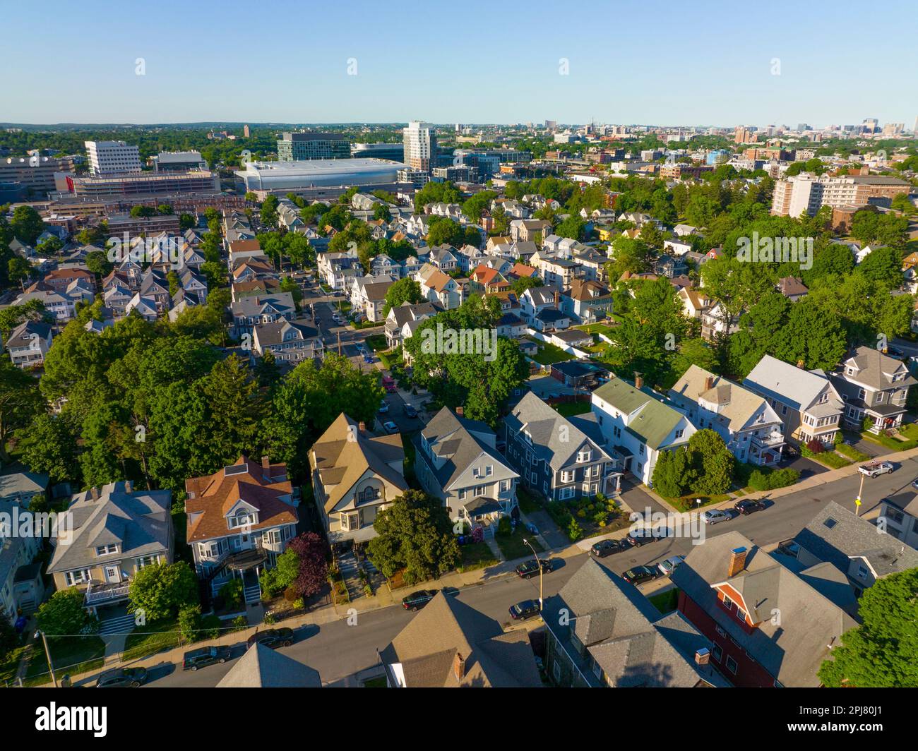 Brighton historic center and Boston Landing aerial view with Boston ...