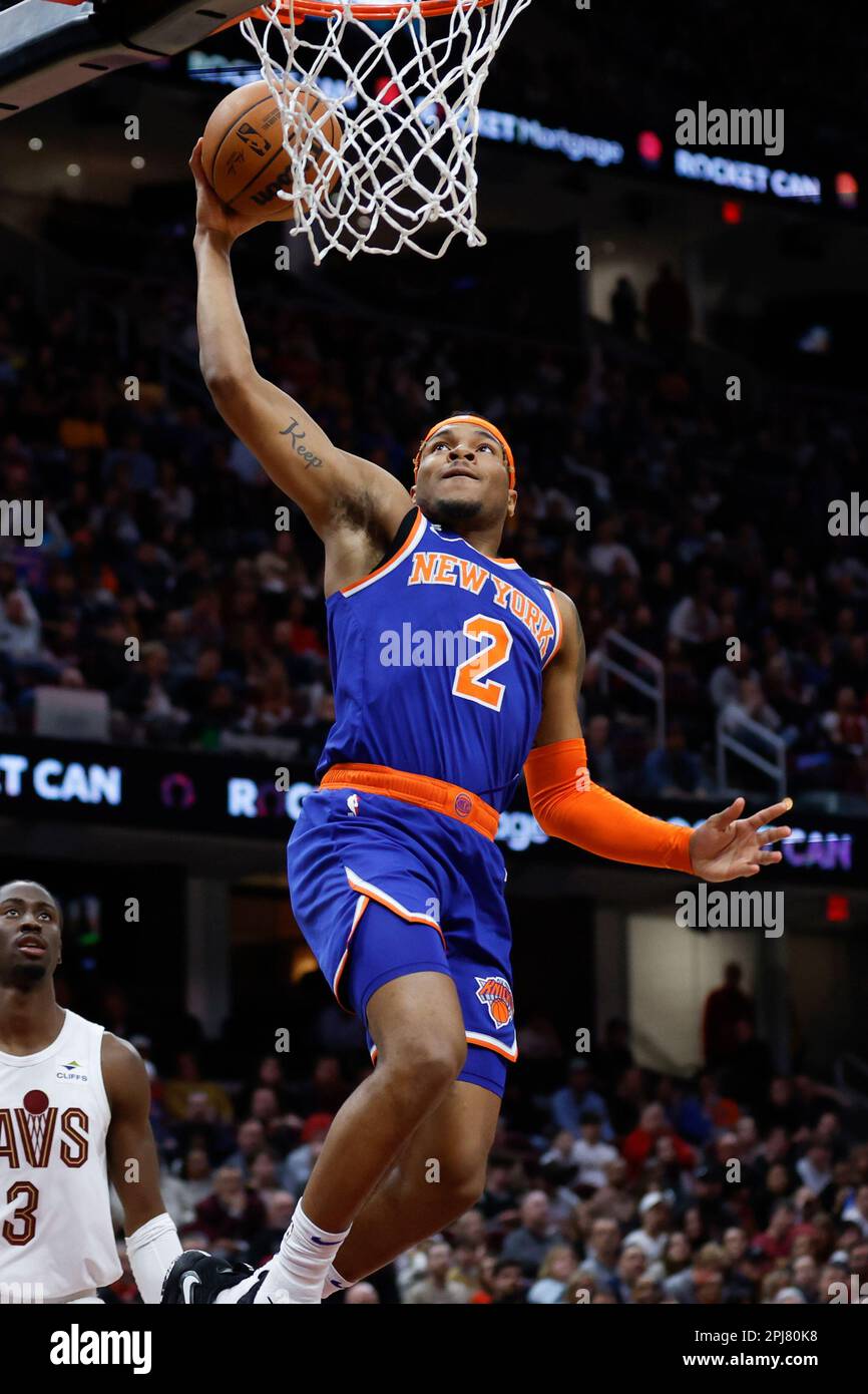 New York Knicks guard Miles McBride dunks against the Cleveland ...
