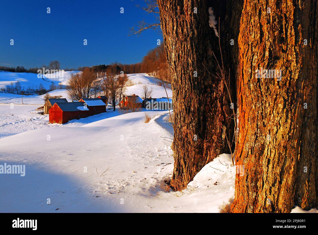 Snow covers a rural New England scene, with open fields and red barns ...