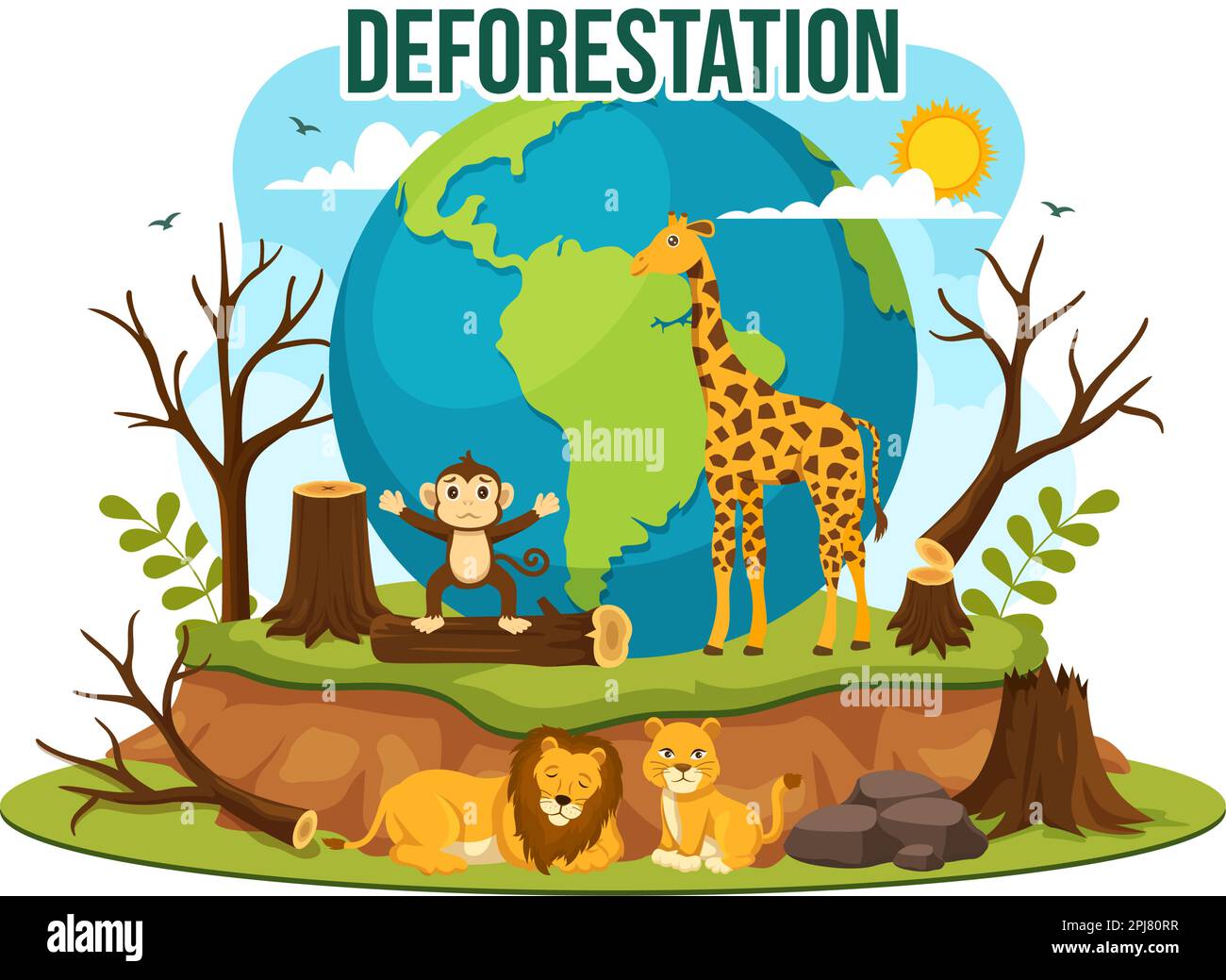 Deforestation Illustration with Tree in the Felled Forest and Burning ...