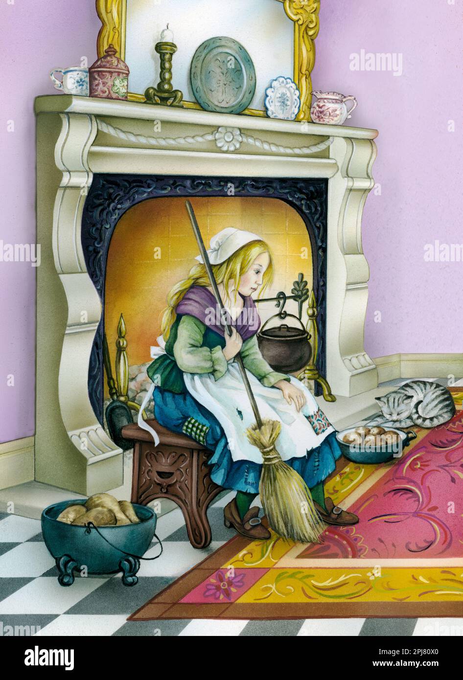 Children;s stories-Cinderella infront of fireplace with broom looking ...