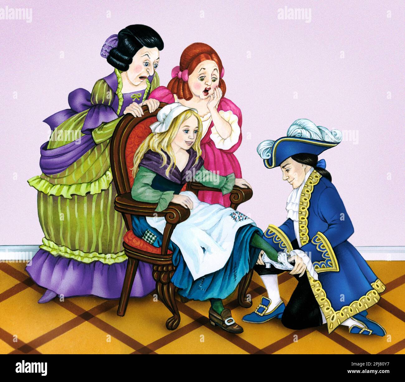 Children's stories-Prince Charming trying glass slipper on Cinderella ...