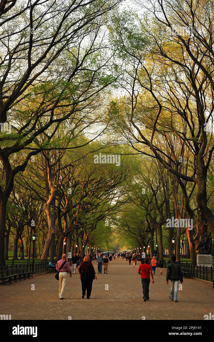 People walk on the Mall in New York City Central Park on an early ...
