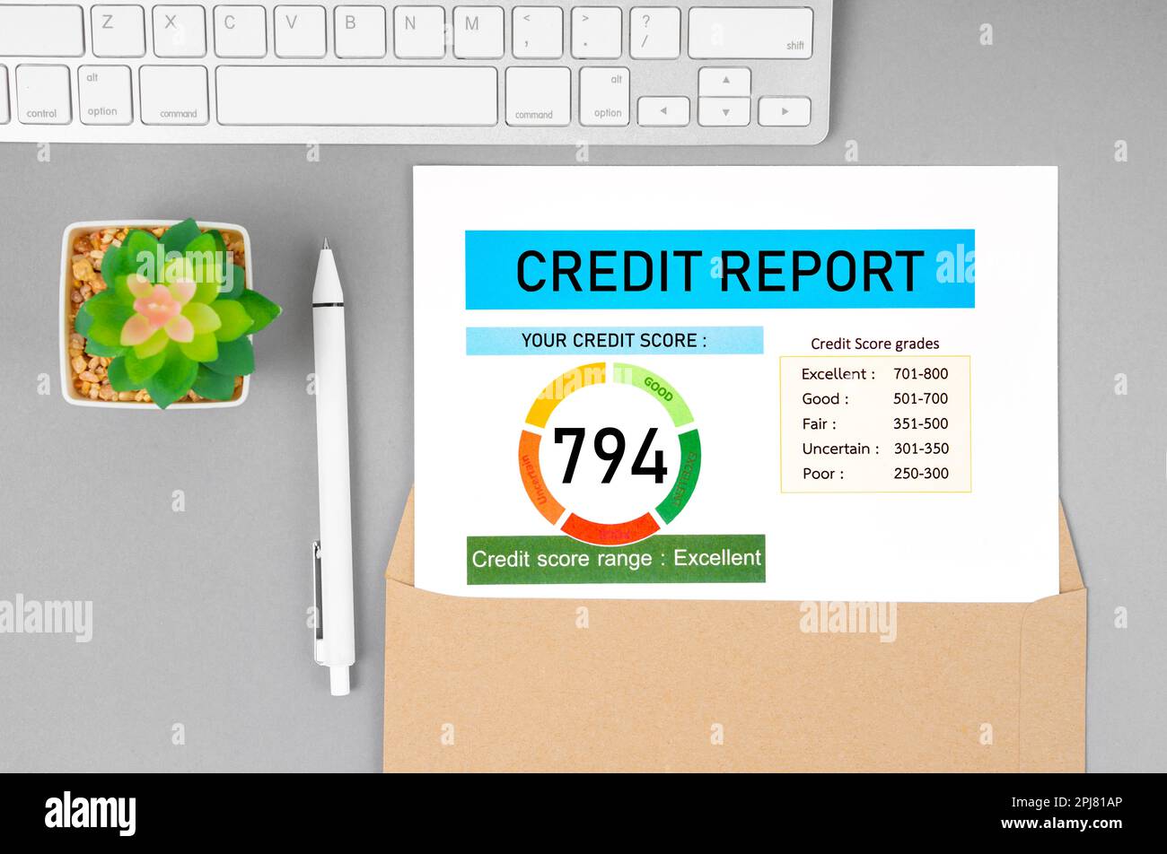 Credit score report document and pen with computer keyboard on desk ...