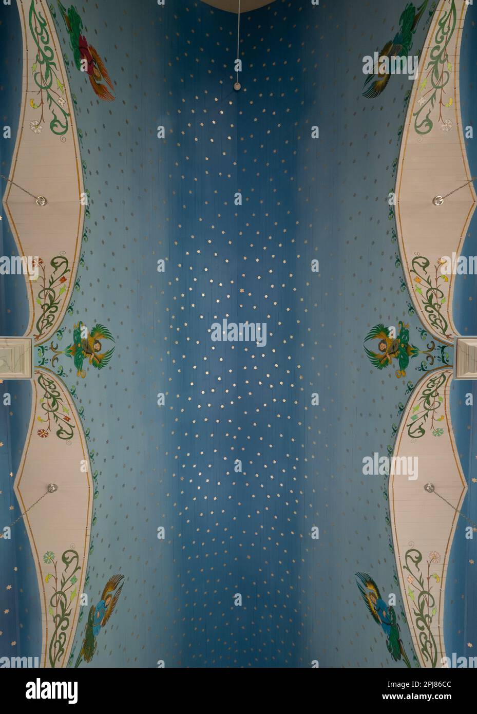 Handpainted blue wooden ceiling with gold stars, angels, and floral ...