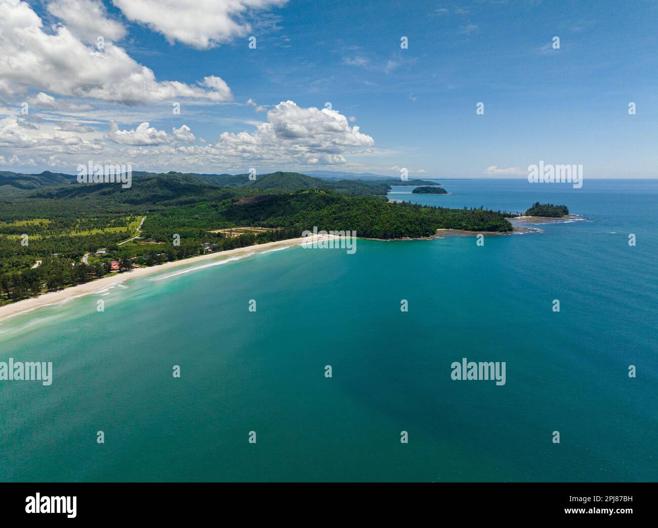 Aerial view of bays and lagoons with beaches on the coast of the island ...