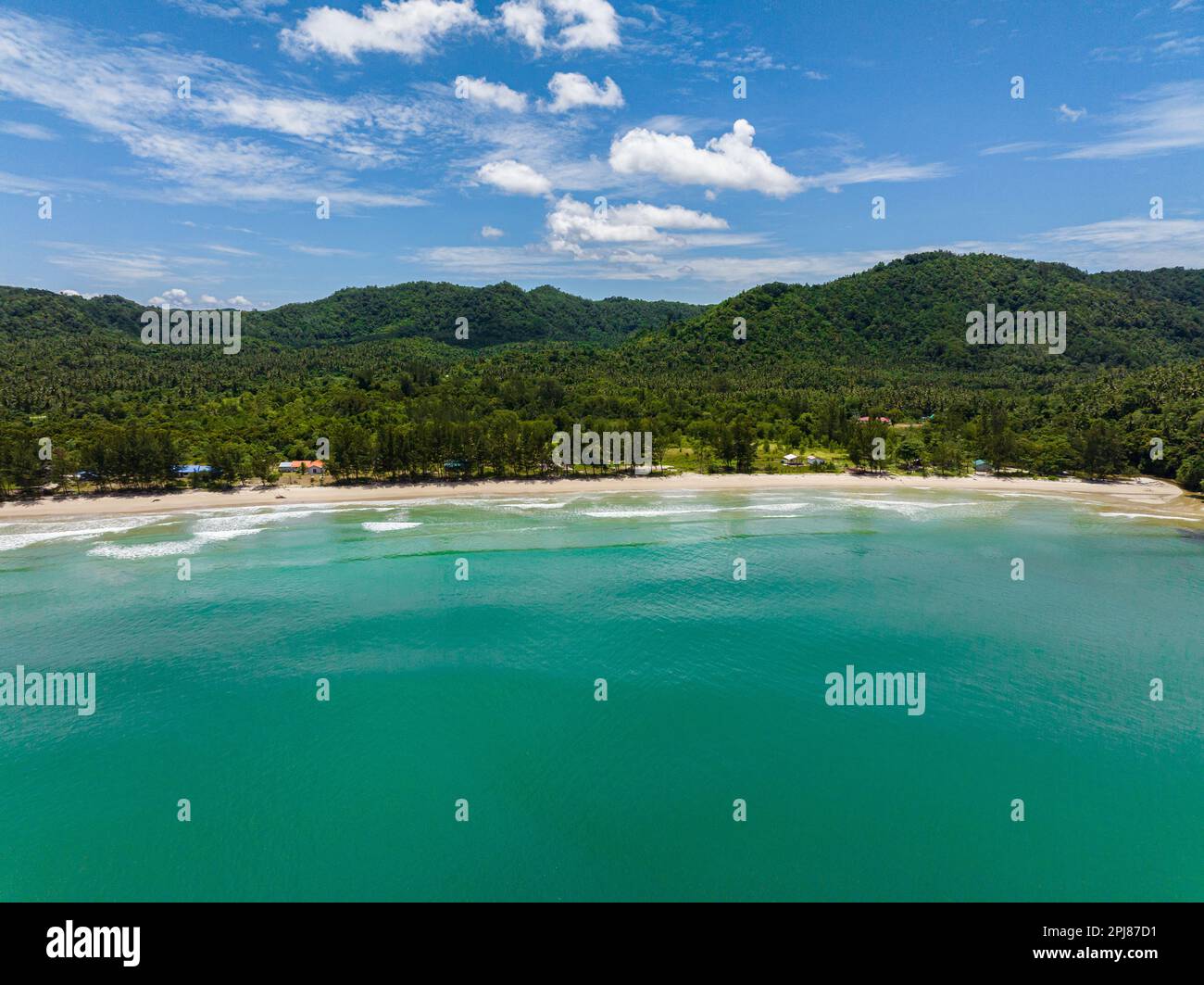 Aerial drone of coastline with beautiful sandy beach and blue sea ...