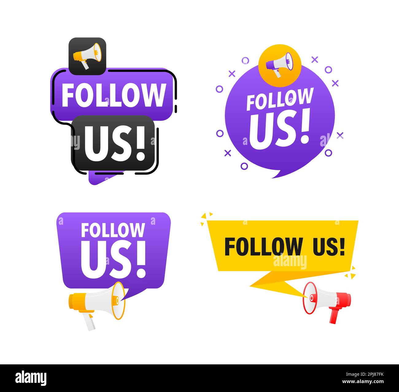 Megaphone label set with text Follow Us. Follow Us announcement banner ...