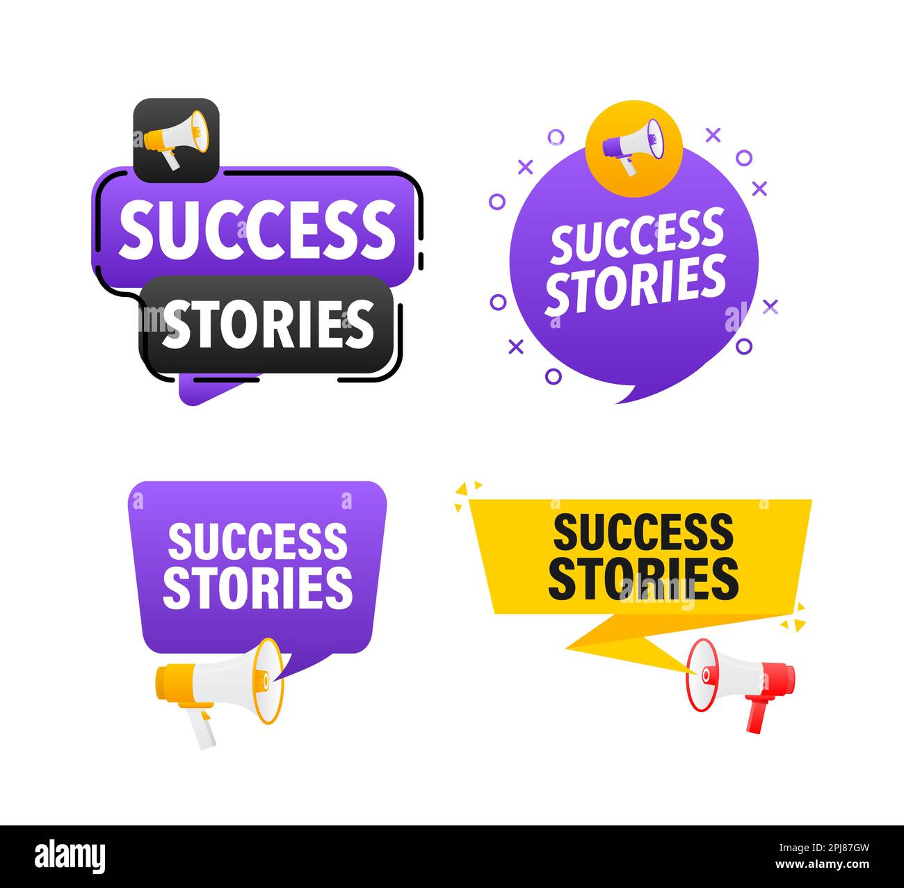 Megaphone label set with text success stories. Success stories ...