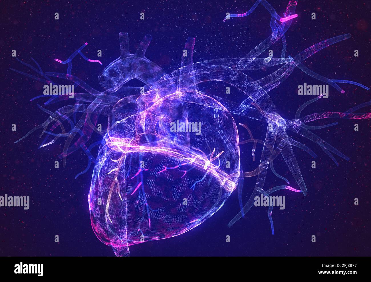 Human heart made of neon particles. Bright magic heart health concept ...