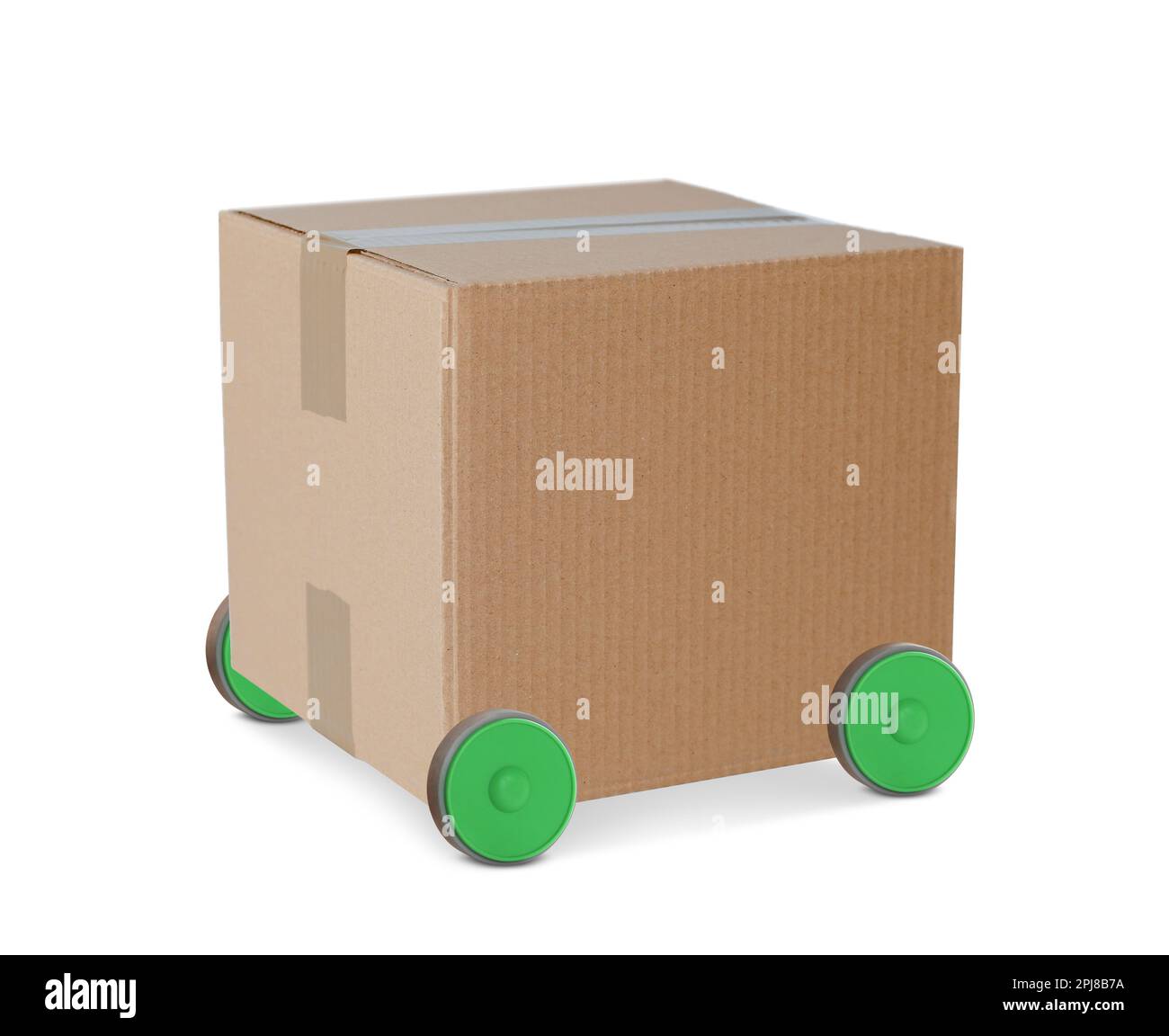 Cardboard box on wheels against white background. Transportation and ...