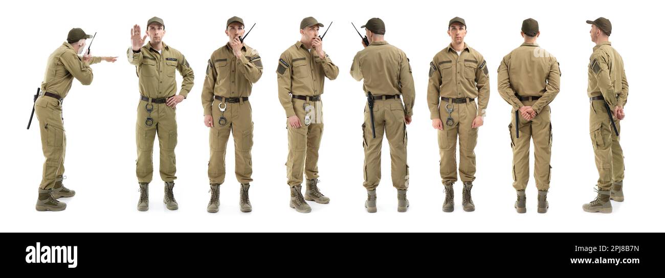 Collage of professional security guard on white background. Banner ...