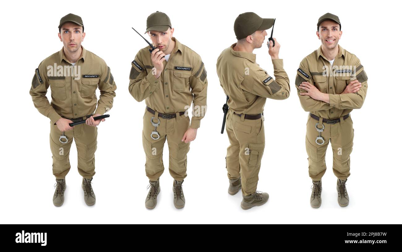 Collage of professional security guard on white background, above view ...