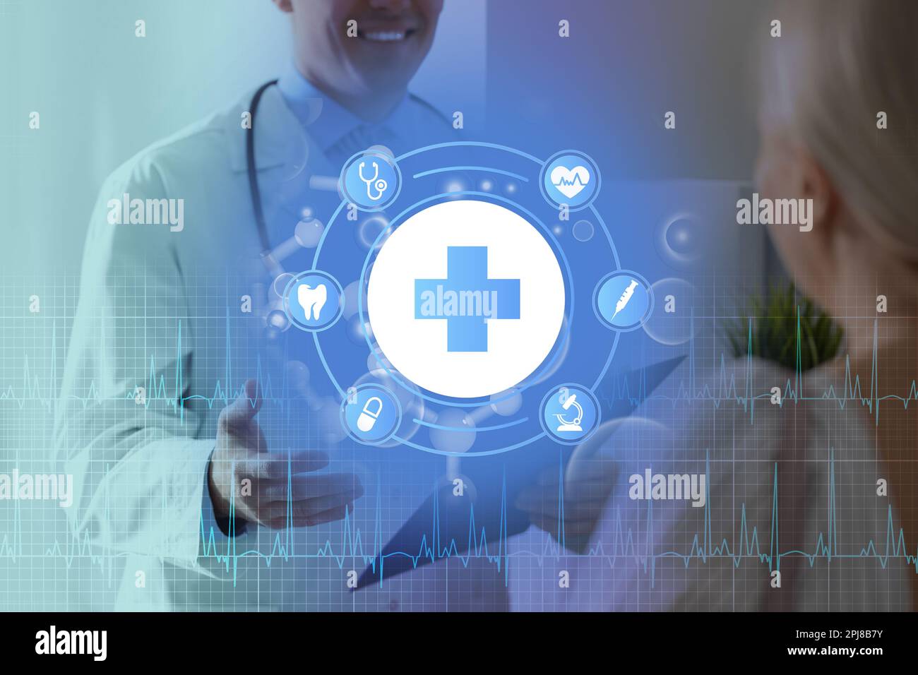 Medical technology concept. Doctor with patient in clinic and ...