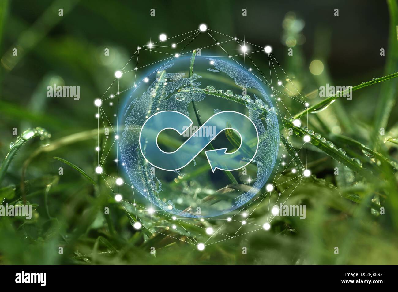 Circular economy concept. Green grass with dew and illustration of ...