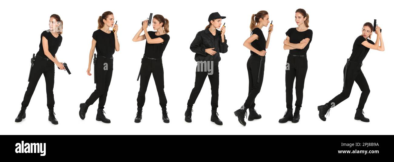 Collage of professional security guard on white background. Banner ...