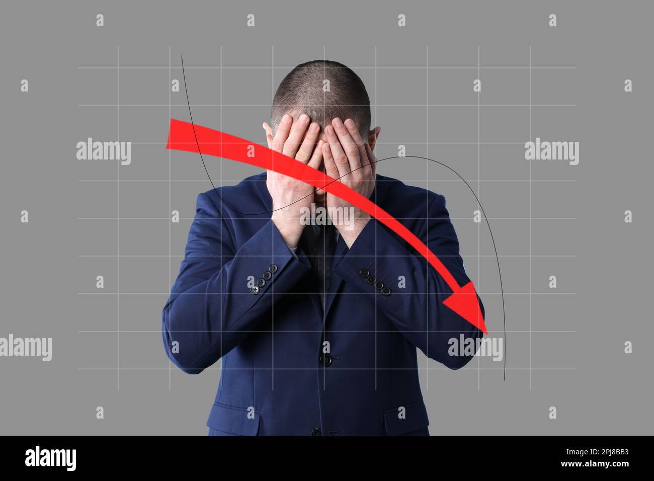 Upset businessman and illustration of falling down chart on light grey ...