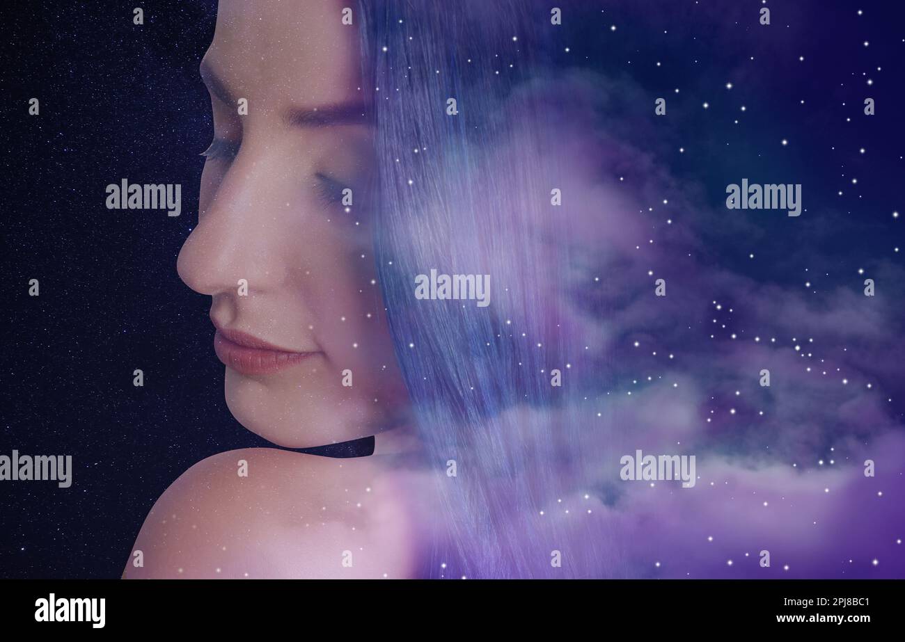 Double exposure of beautiful woman and starry sky with clouds ...
