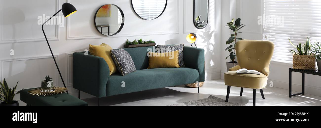 Modern living room interior with stylish comfortable sofa. Banner ...
