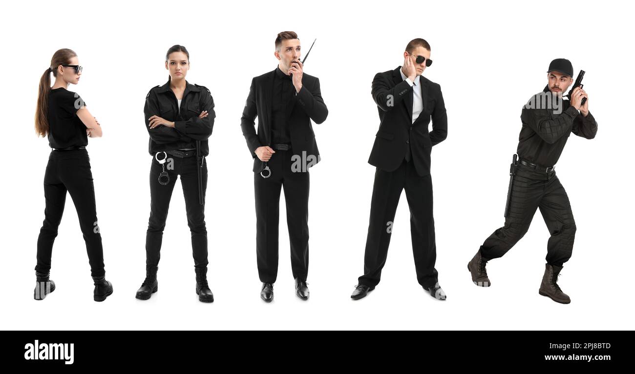 Collage of different professional security guards on white background ...