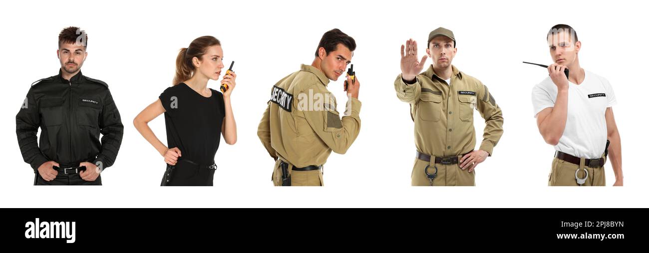 Collage of different professional security guards on white background ...