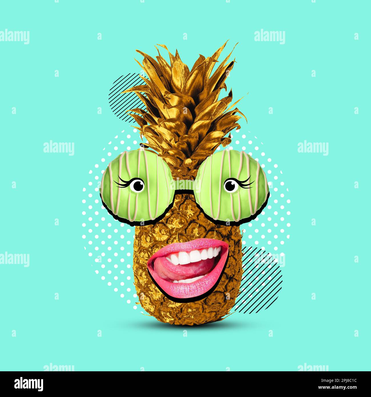 Golden pineapple with donut eyeglasses smiling on colorful background ...