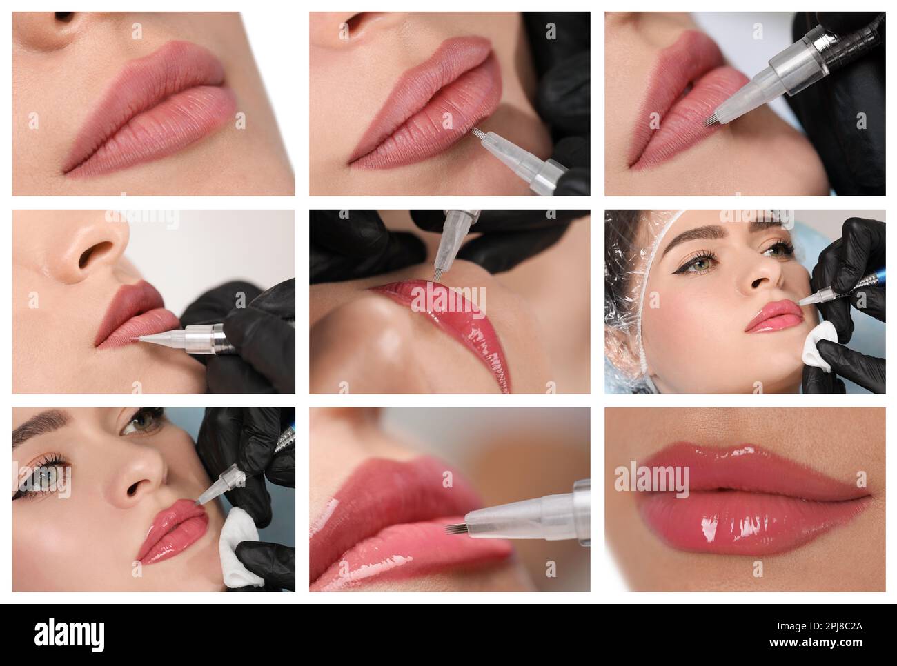 Collage with different photos of women undergoing permanent lip makeup ...