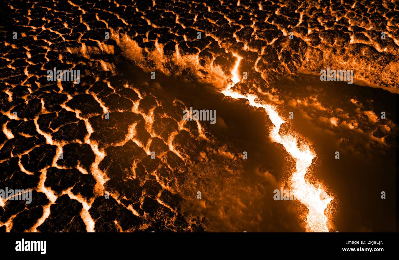 3D rendering heat red cracked ground texture after eruption volcano ...