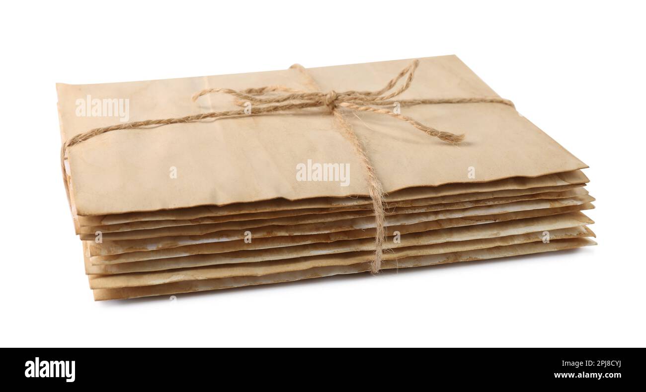 Stack of old letters wrapped with twine on white background Stock Photo ...