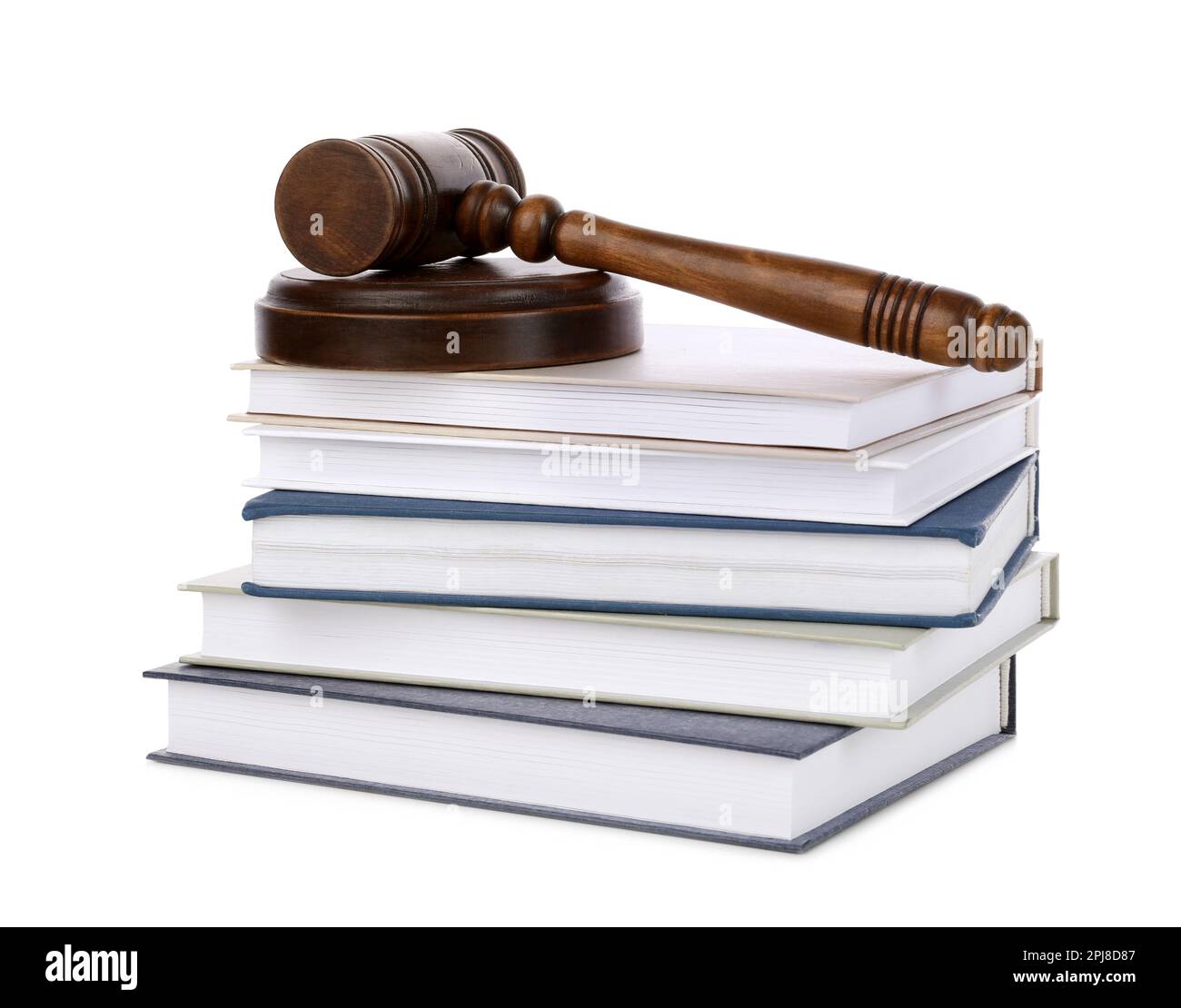 Wooden gavel and stack of books on white background Stock Photo - Alamy