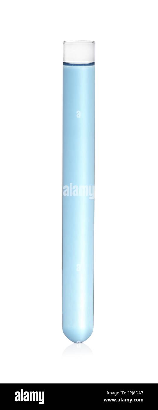 Test tube with light blue liquid isolated on white Stock Photo - Alamy