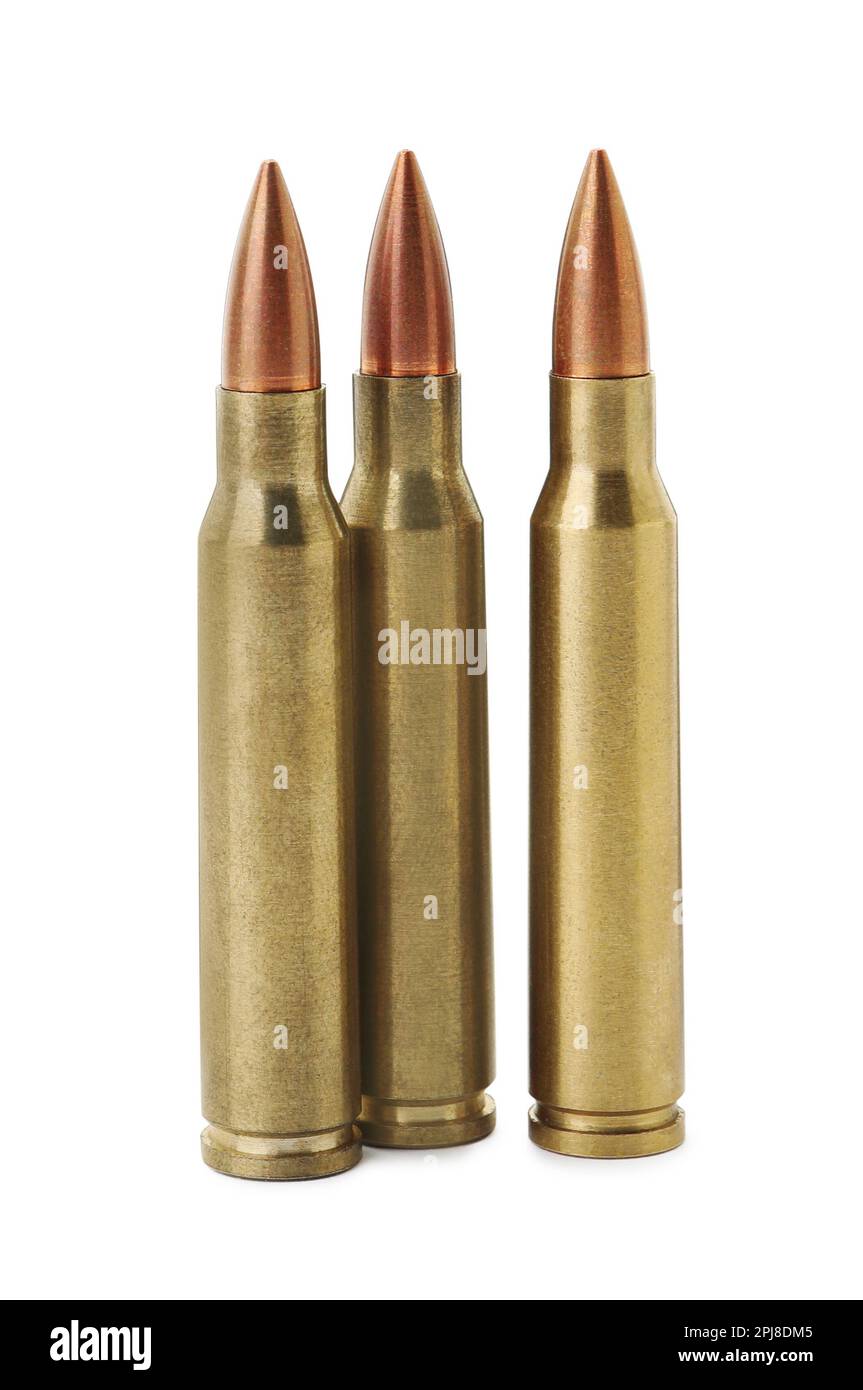 Three bullets on white background. Military ammunition Stock Photo - Alamy
