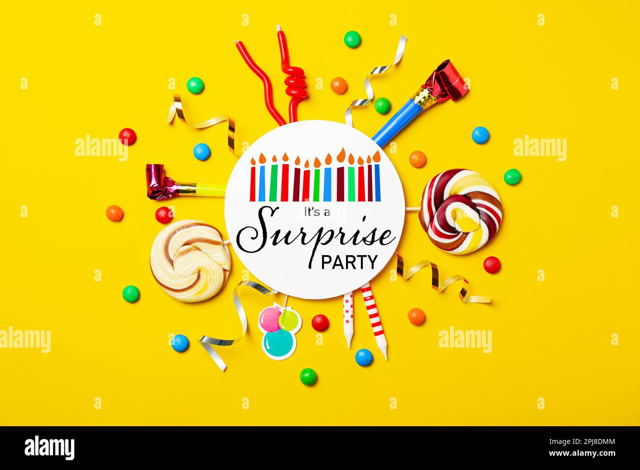 Flat lay composition with different items for surprise party on yellow ...