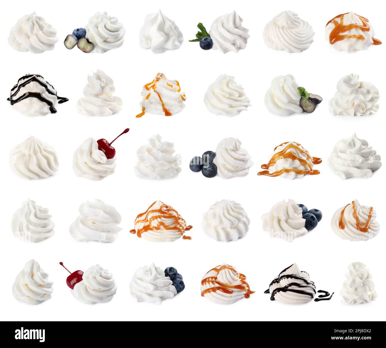 Set with delicious fresh whipped cream on white background Stock Photo ...