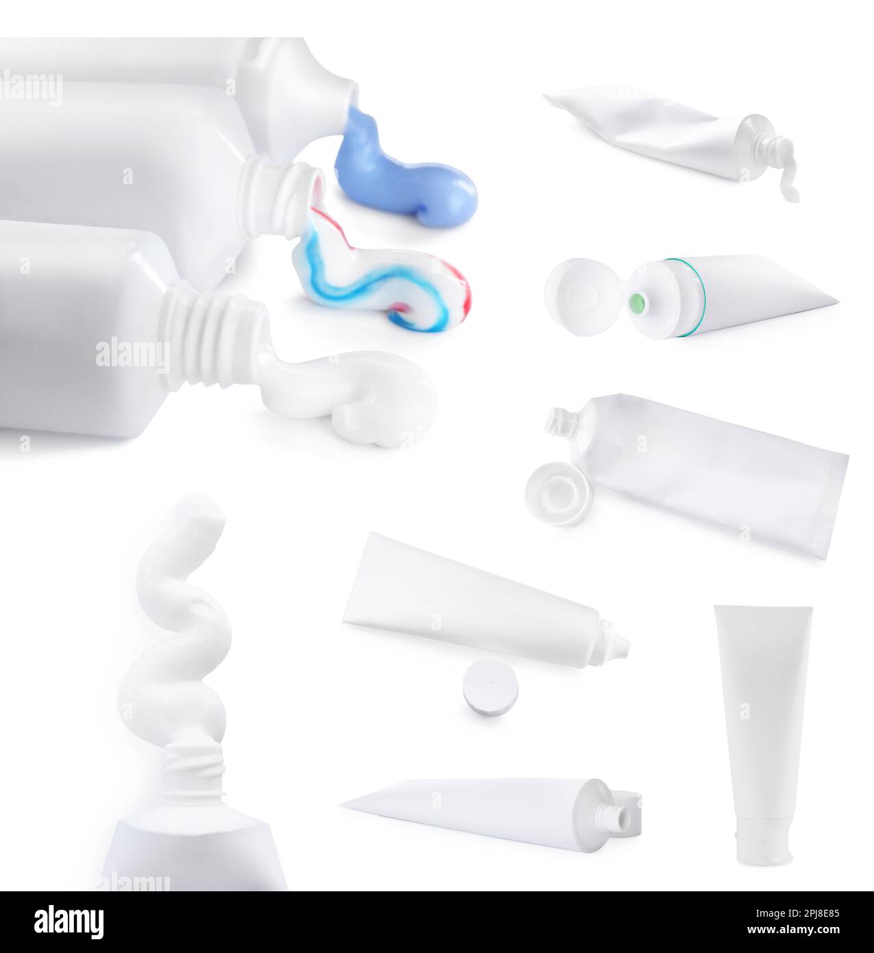 Collage with different toothpastes on white background Stock Photo - Alamy