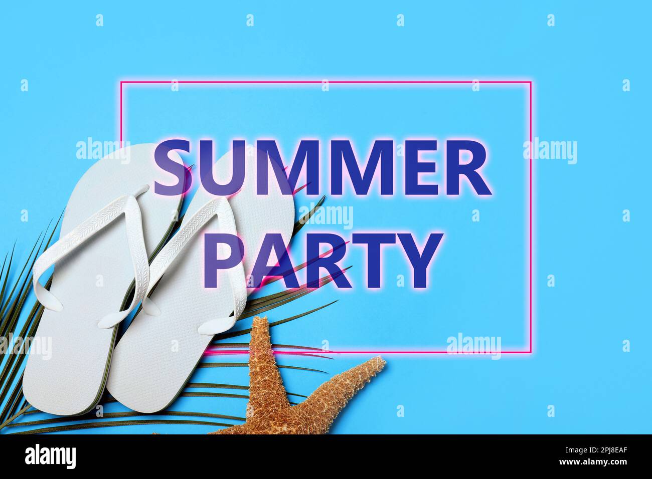 Stylish flip flops and starfish on light blue background, flat lay ...