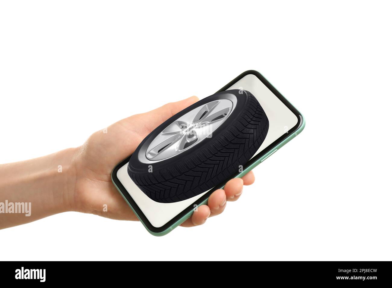 Woman buying car tire from online auto store via smartphone on white ...