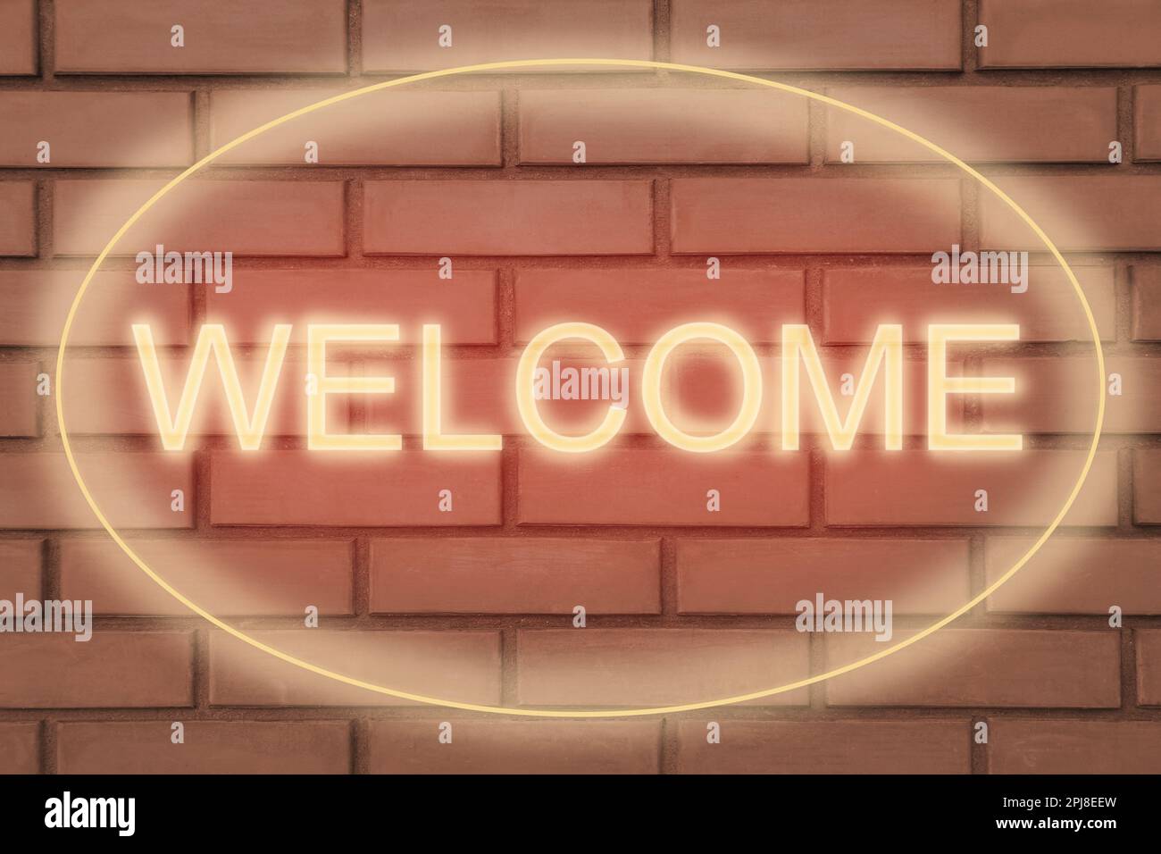 Stylish neon sign WELCOME on brick wall Stock Photo - Alamy