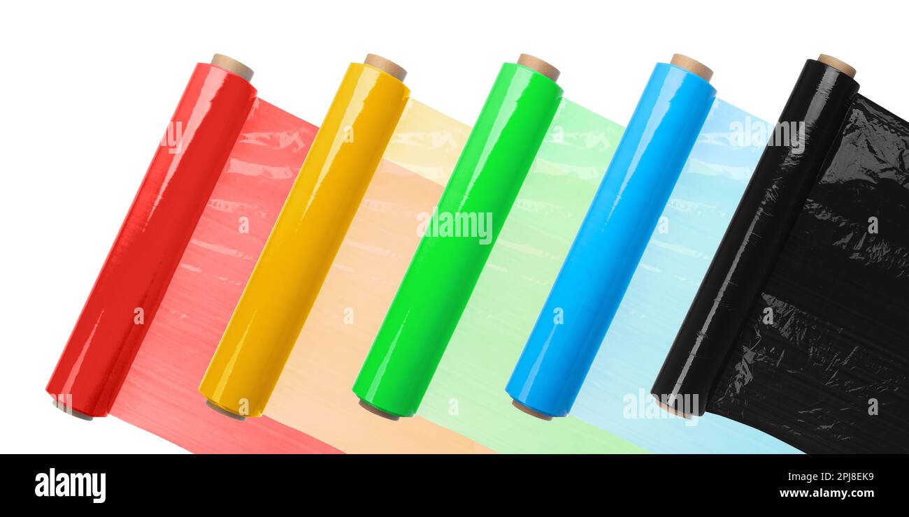 Rolls of colorful plastic stretch wrap on white background. Banner ...