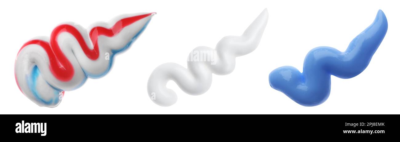 Set with smears of toothpaste on white background, top view. Banner ...