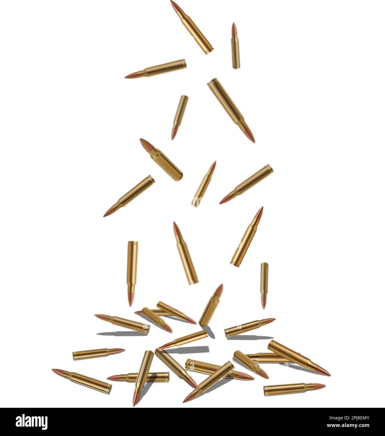 Many bullets falling on white background. Firearm ammunition Stock ...