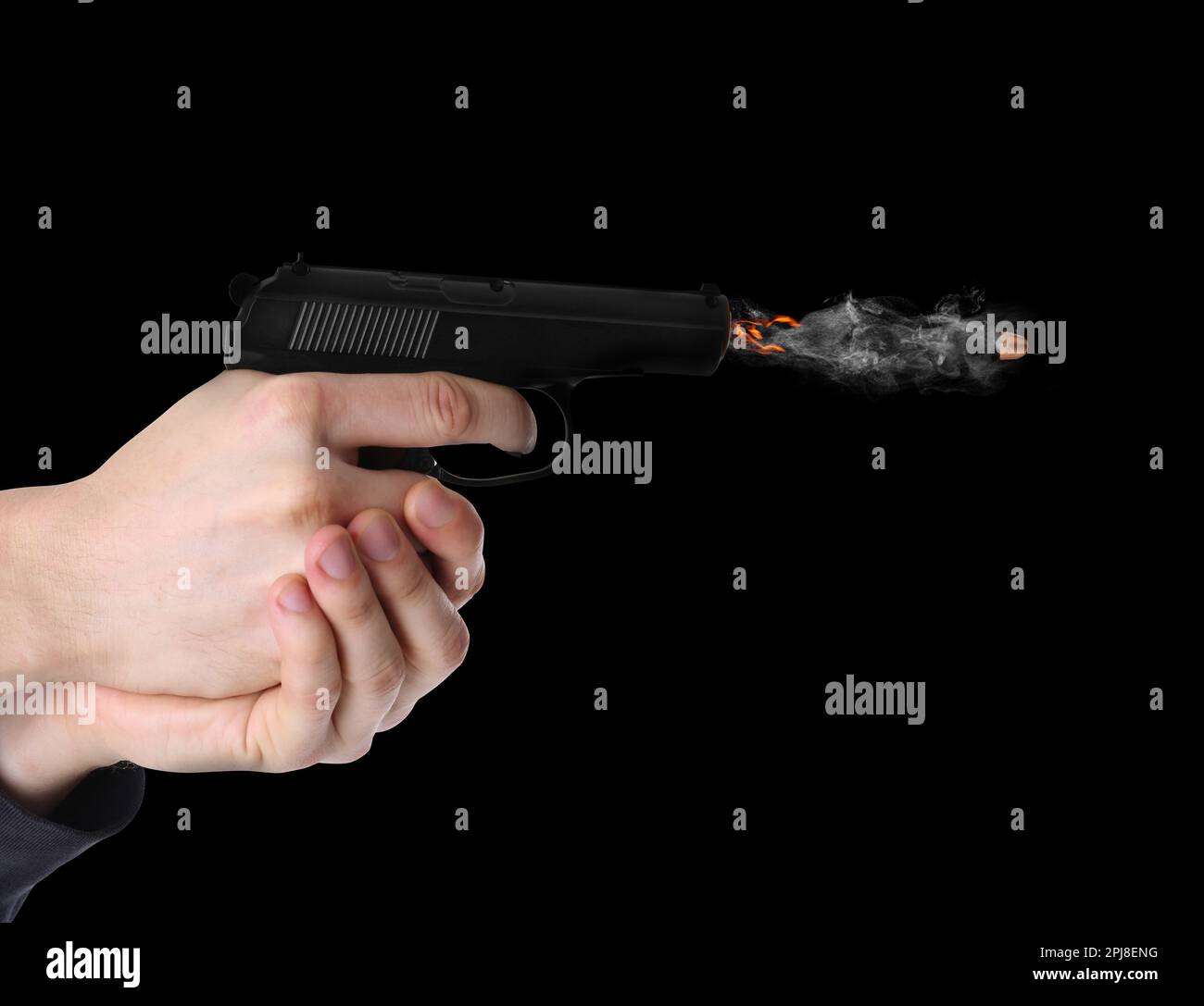 Man shooting from gun on black background, closeup Stock Photo - Alamy